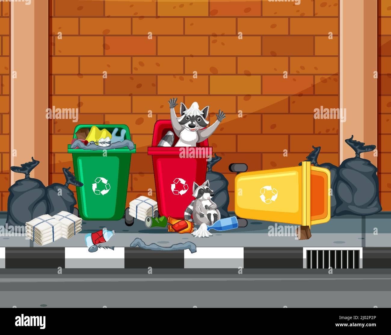 Street scene with raccoons eating from trash illustration Stock Vector ...