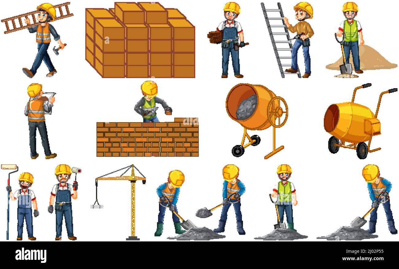 Construction worker set with man and tools illustration Stock Vector ...
