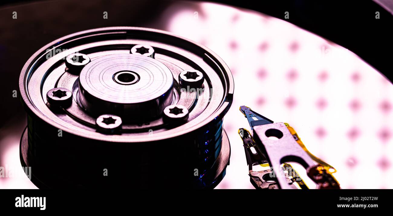 Macro Close up of inside of magnetic Hard Disc Drive with mirror ...