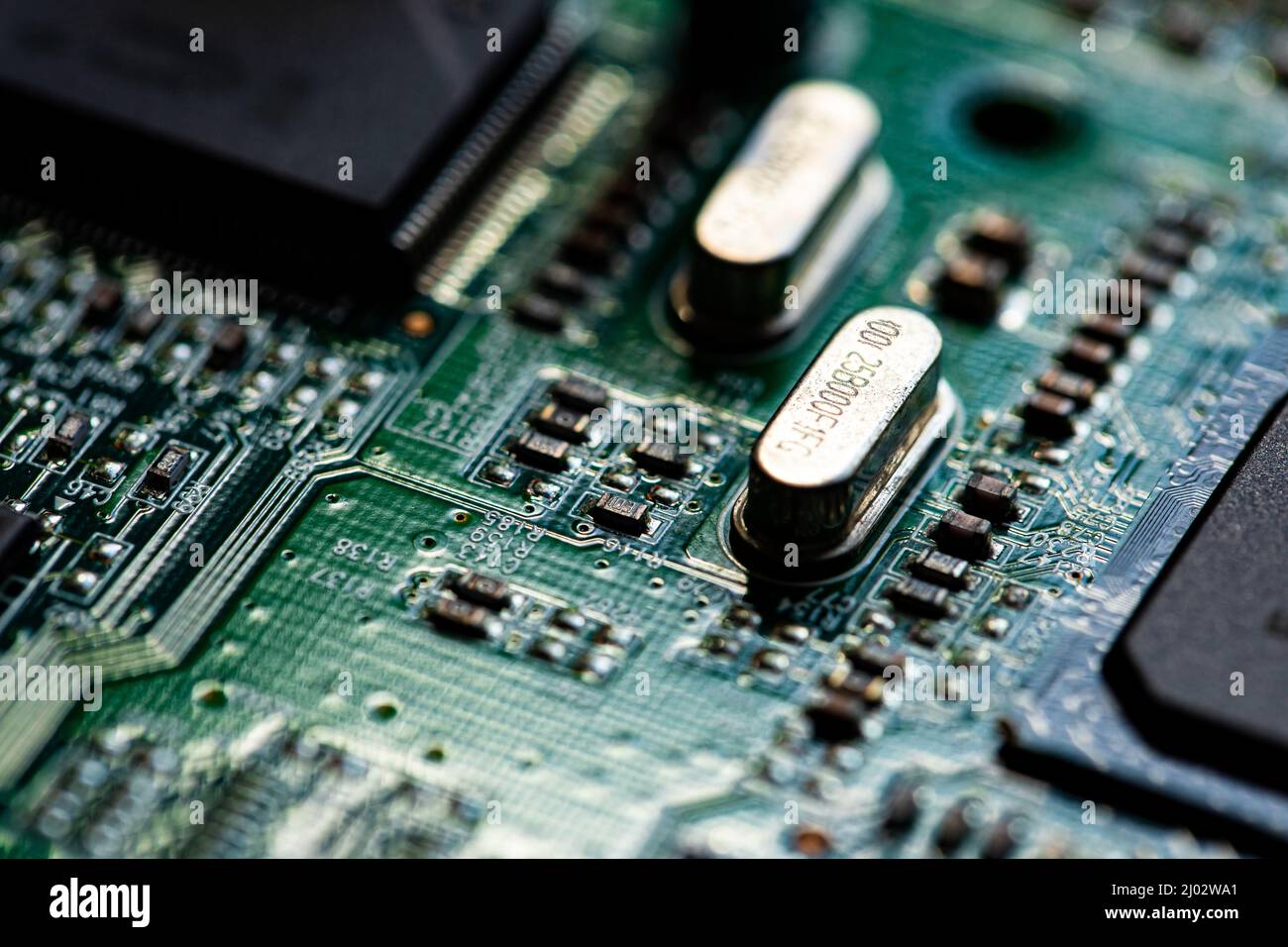 Macro Close up of components and microchips on PC circuit board of ...
