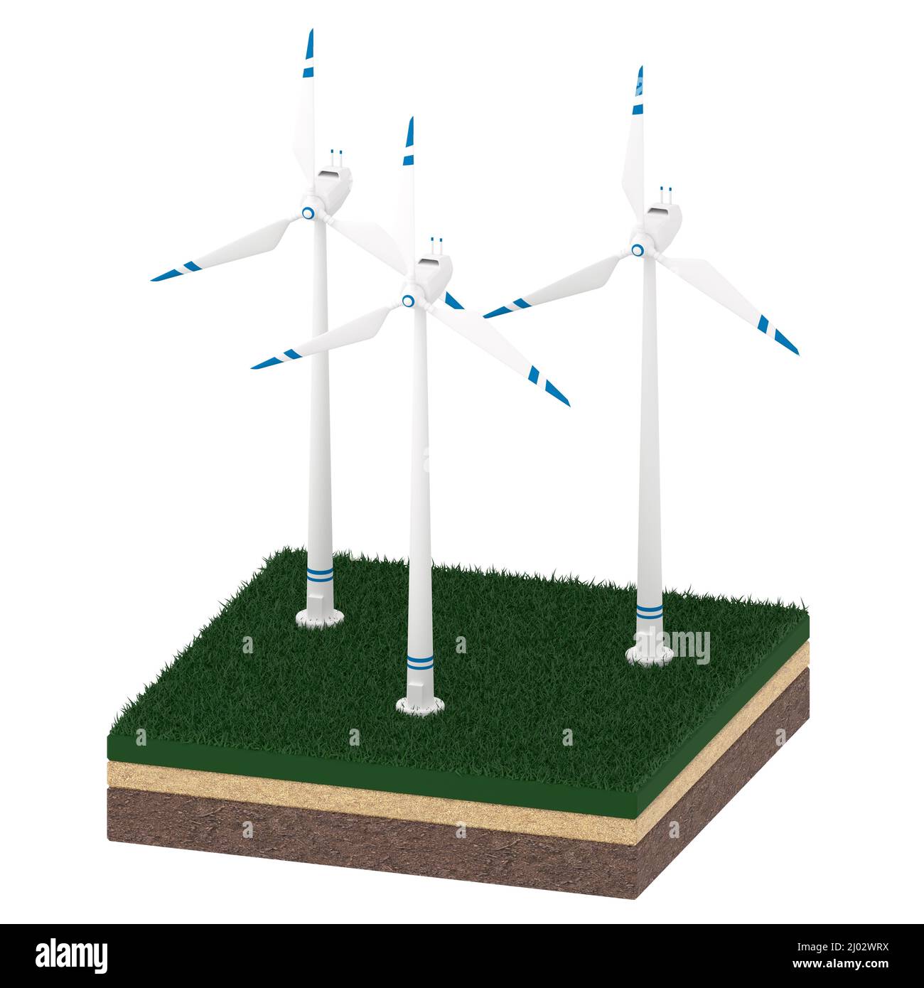 Isometric 3d render of group of wind turbines in white standing on soil ...