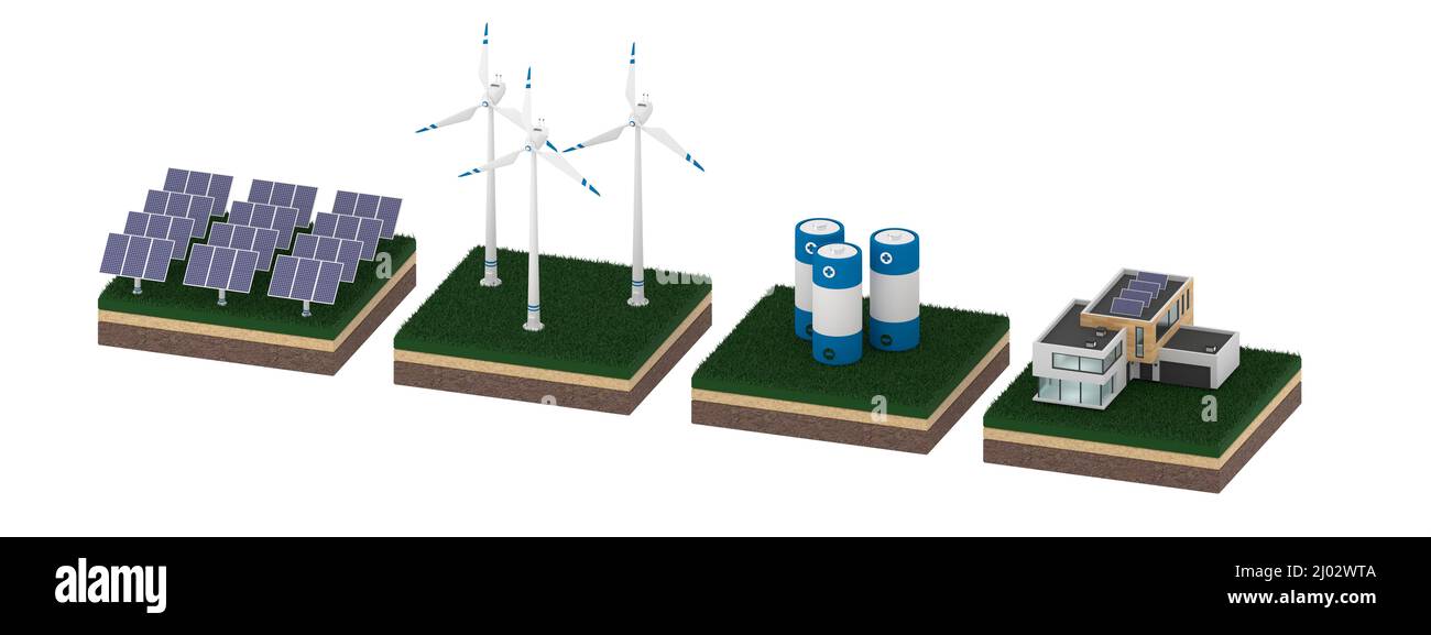 Isometric 3d render of network made of wind turbines, solar panels ...
