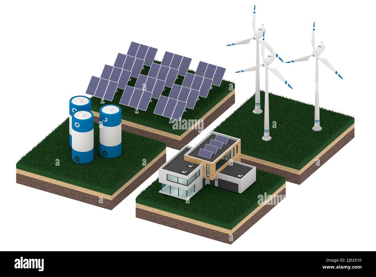 Isometric 3d render of network made of wind turbines, solar panels ...