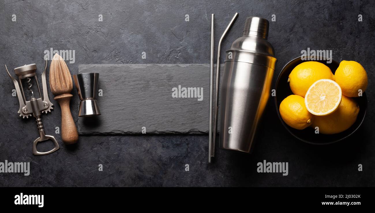 Various cocktail utensil set. Shaker, strainer, juicer. Top view flat ...