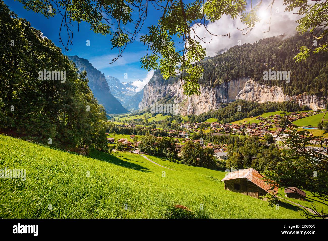 Great view of alpine village glowing by sunlight. Picturesque and ...