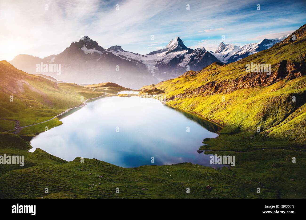 Panorama of Mt. Schreckhorn and Wetterhorn. Popular tourist attraction ...