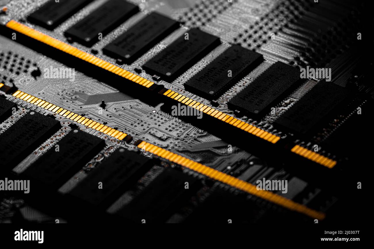 Macro Close up of computer RAM chip; random access memory chip slot for ...
