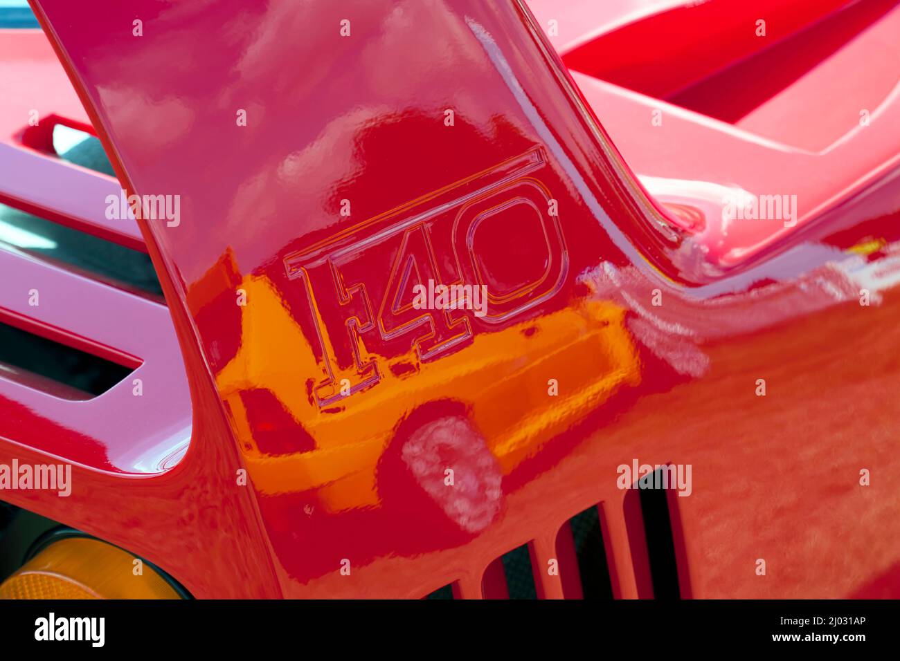 Close-up of the rear wing of a 1991, Ferrari F40, on display at the ...