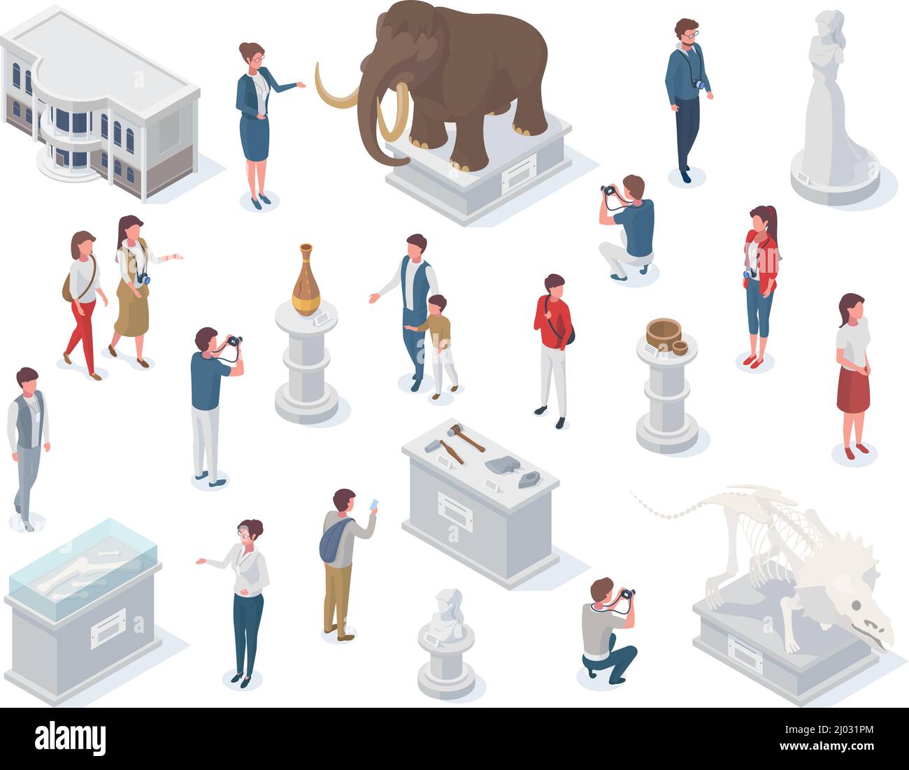 Isometric museum exhibits, ancient statue, archeology exposure. Ancient ...