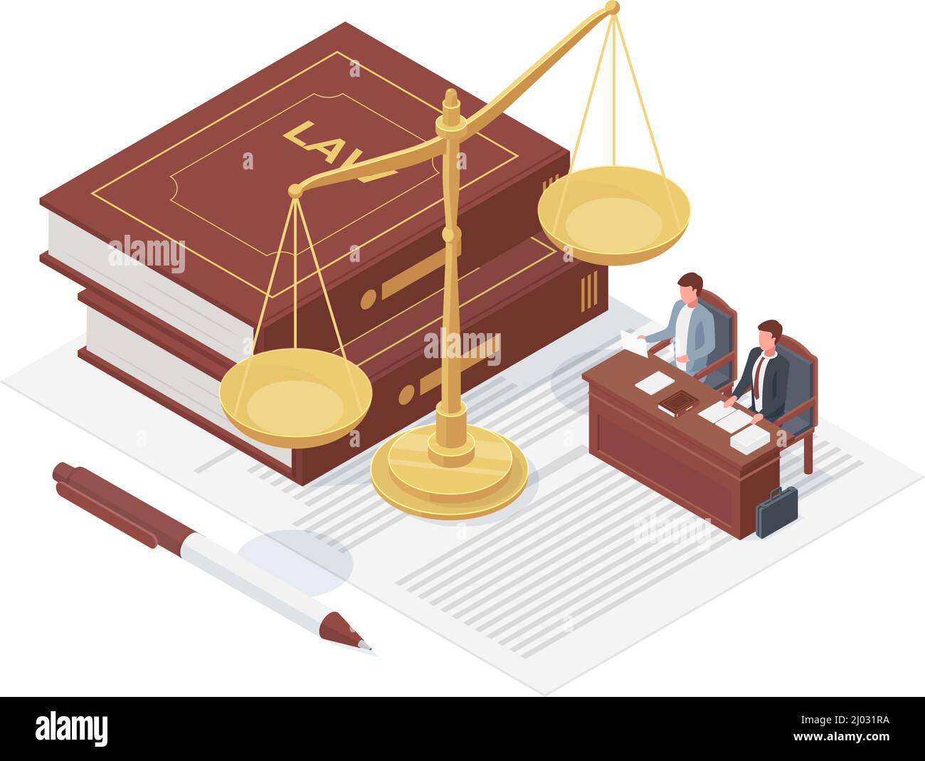 Isometric law concept, balance scale, justice book and case. Lawyer ...