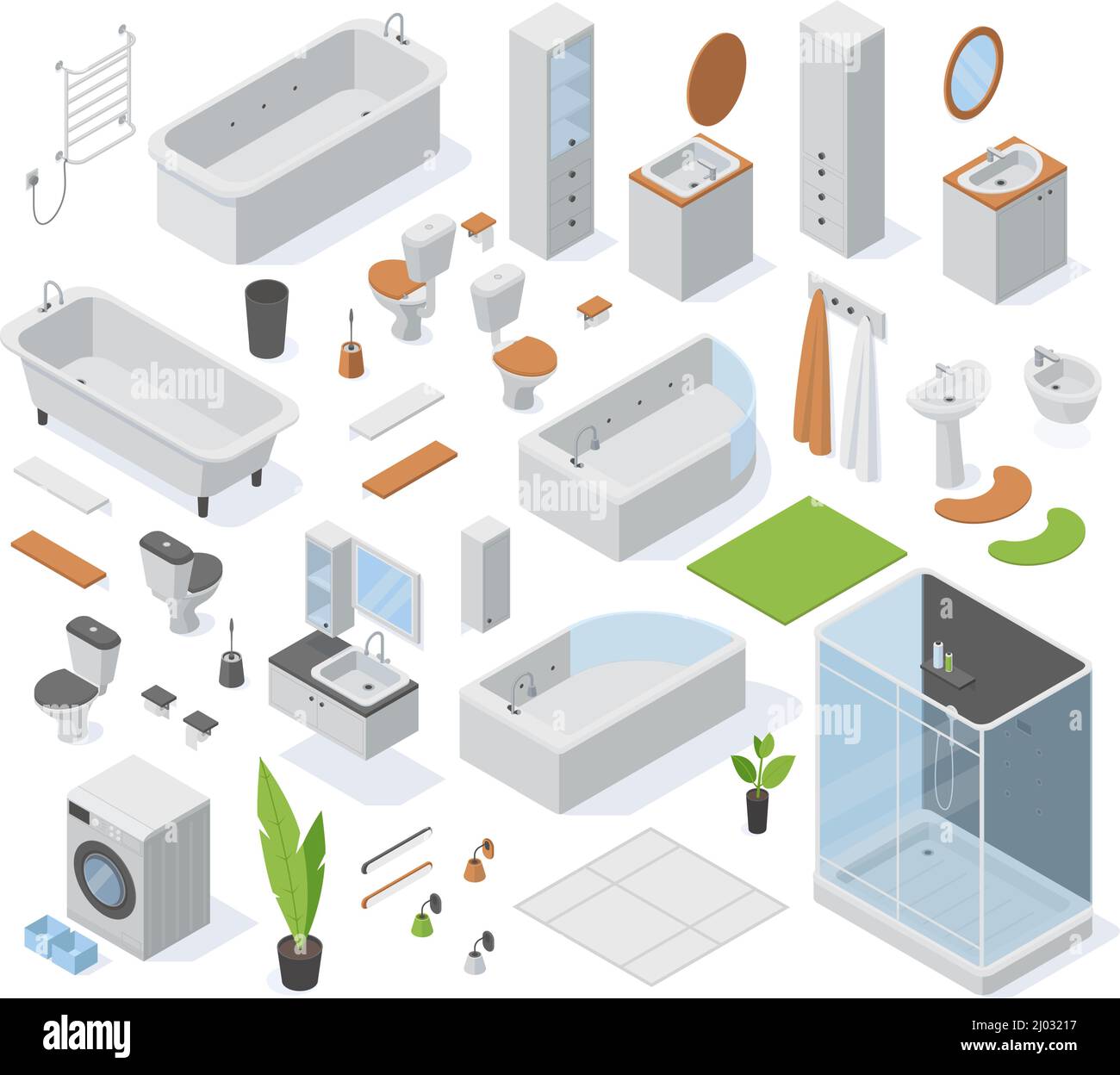 Isometric bathroom furniture, 3d toilet, washbasin, shower cabin and ...