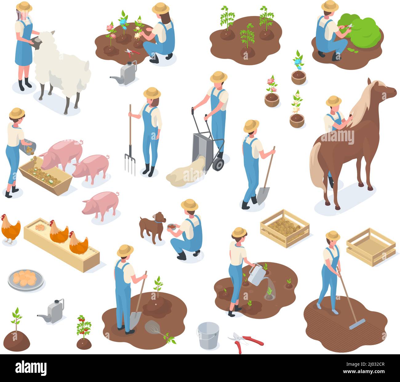 Isometric garden agriculture elements, farmers and domestic animals ...