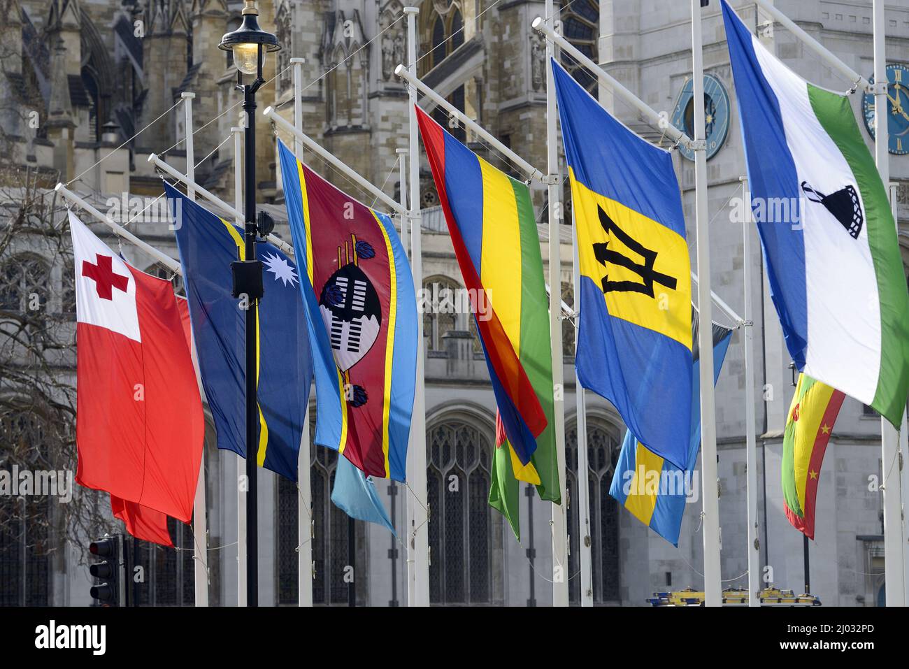 London, England, UK. Flags of Commonwealth countries around Parliament ...