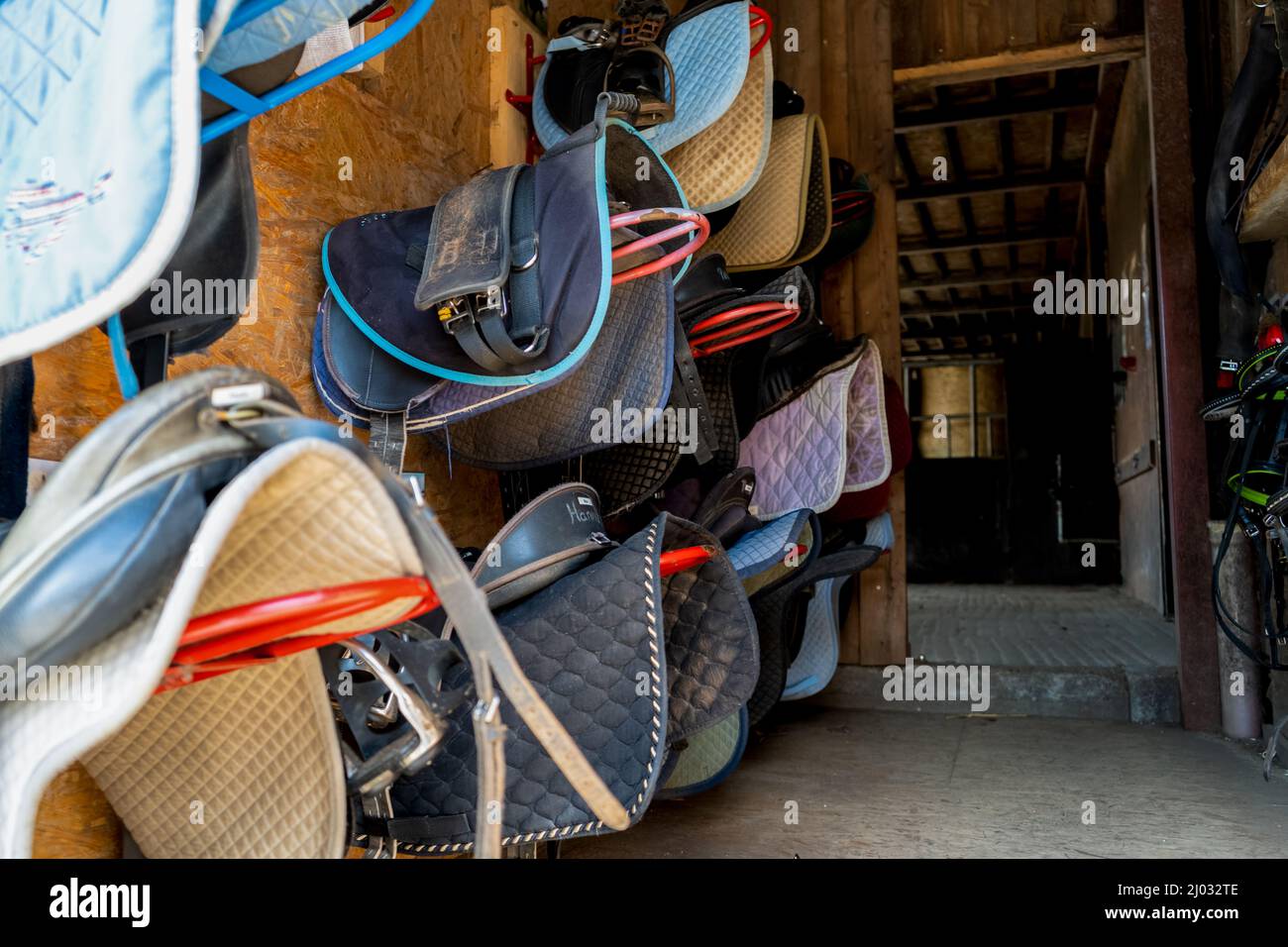 Saddle in horse stables Stock Photo - Alamy