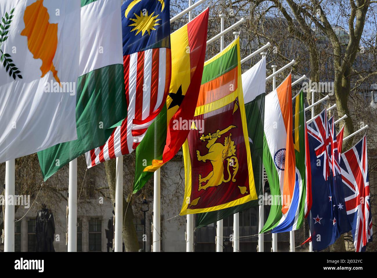 London, England, UK. Flags of Commonwealth countries around Parliament ...