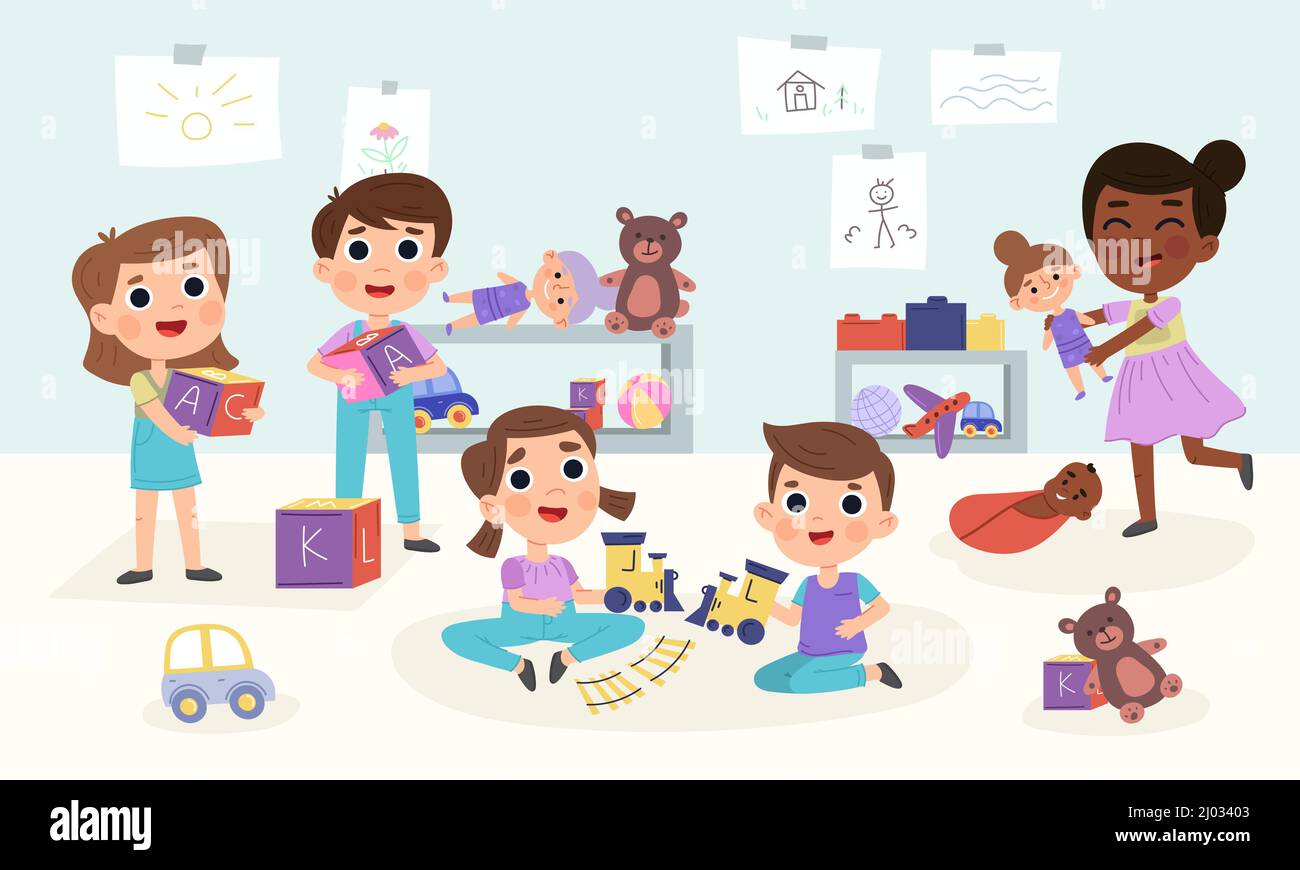 Cartoon kindergarten kids play together. Children in playroom play toys ...