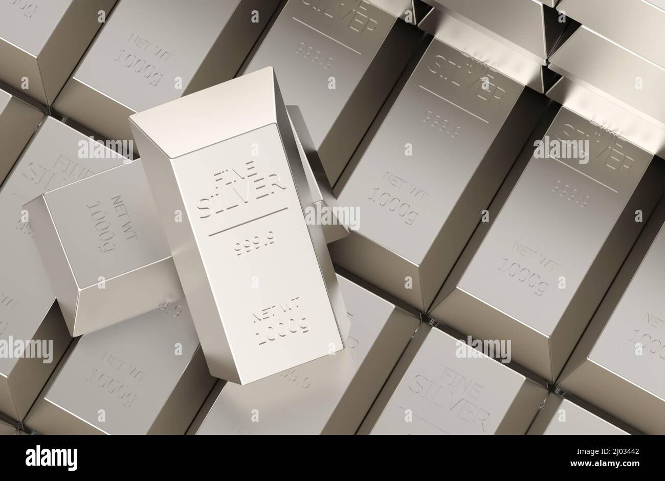 stock of silver bullion in silvered background 3d rendering ...