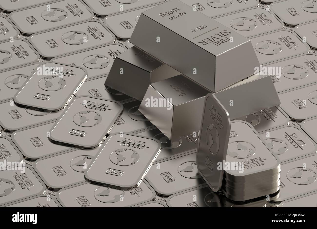 stock of silver bullion in silvered background 3d rendering ...