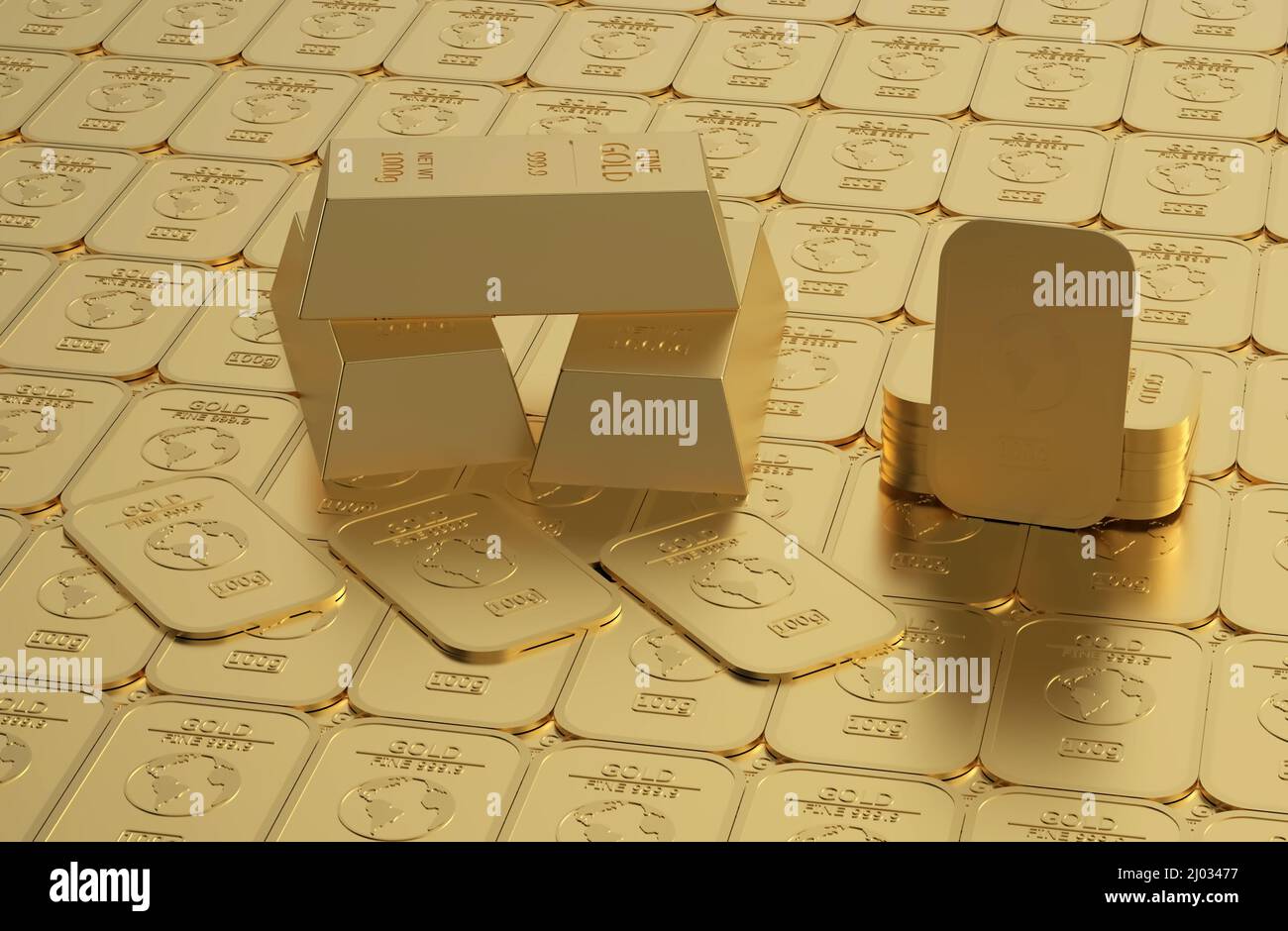 stock of gold bullion in golden background 3d rendering illustration ...