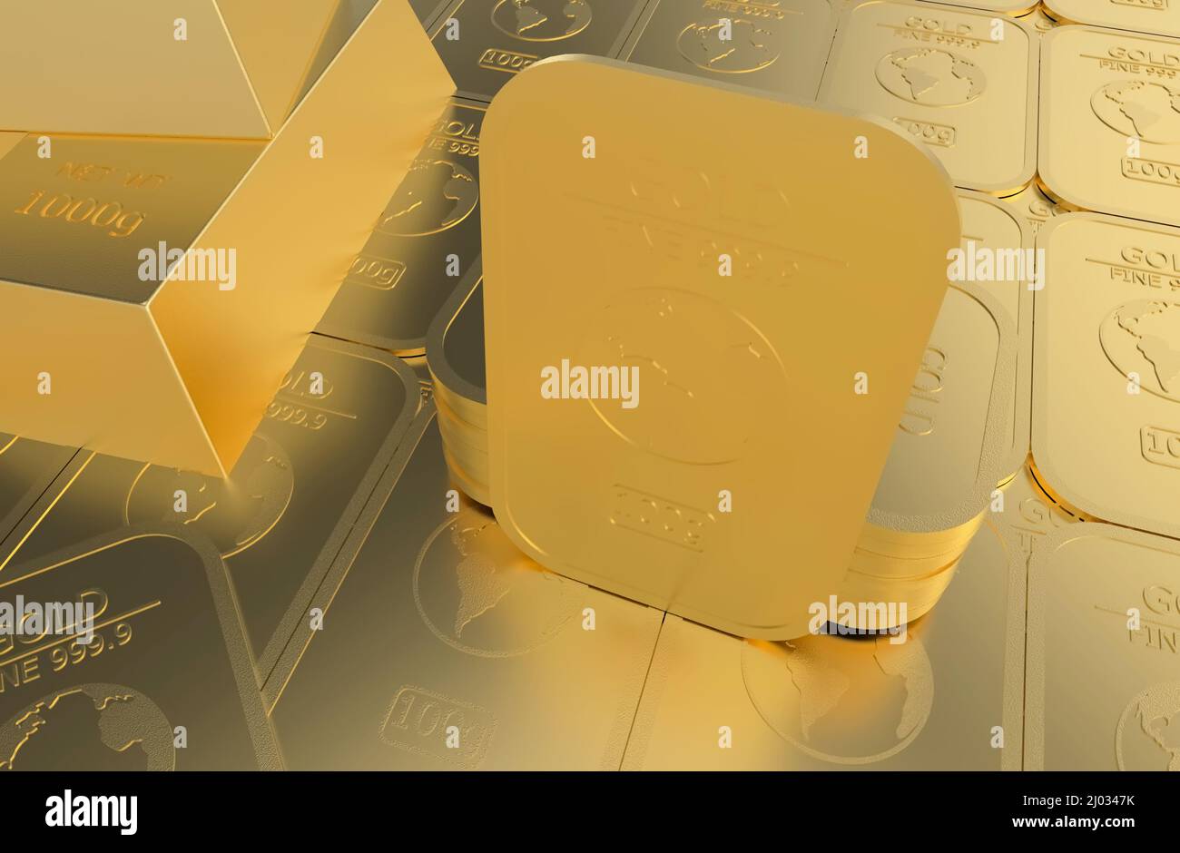 stock of gold bullion in golden background 3d rendering illustration ...