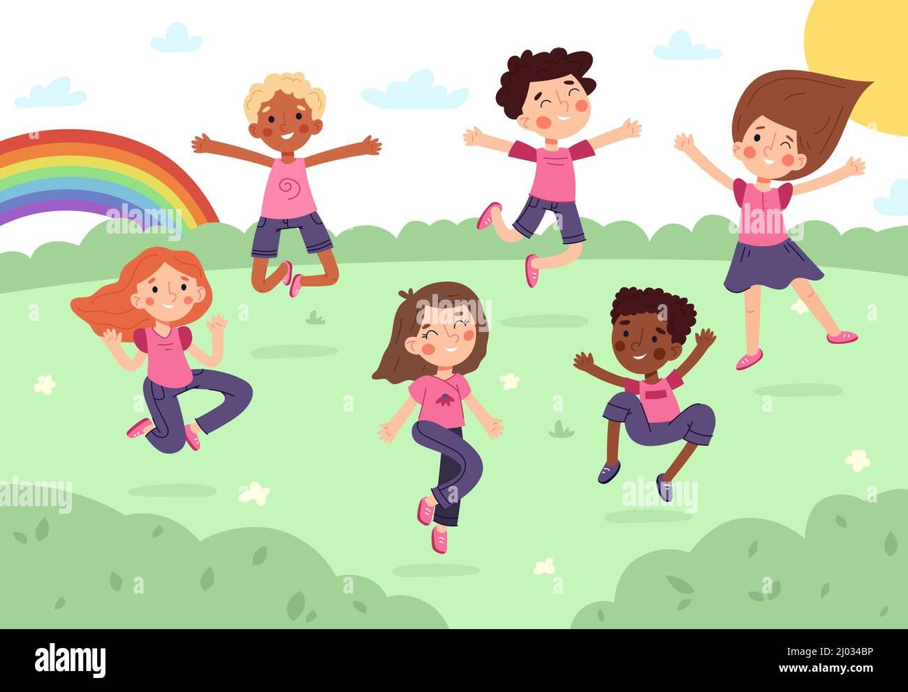 Happy cartoon kids jumping in park or kindergarten playground. Children ...