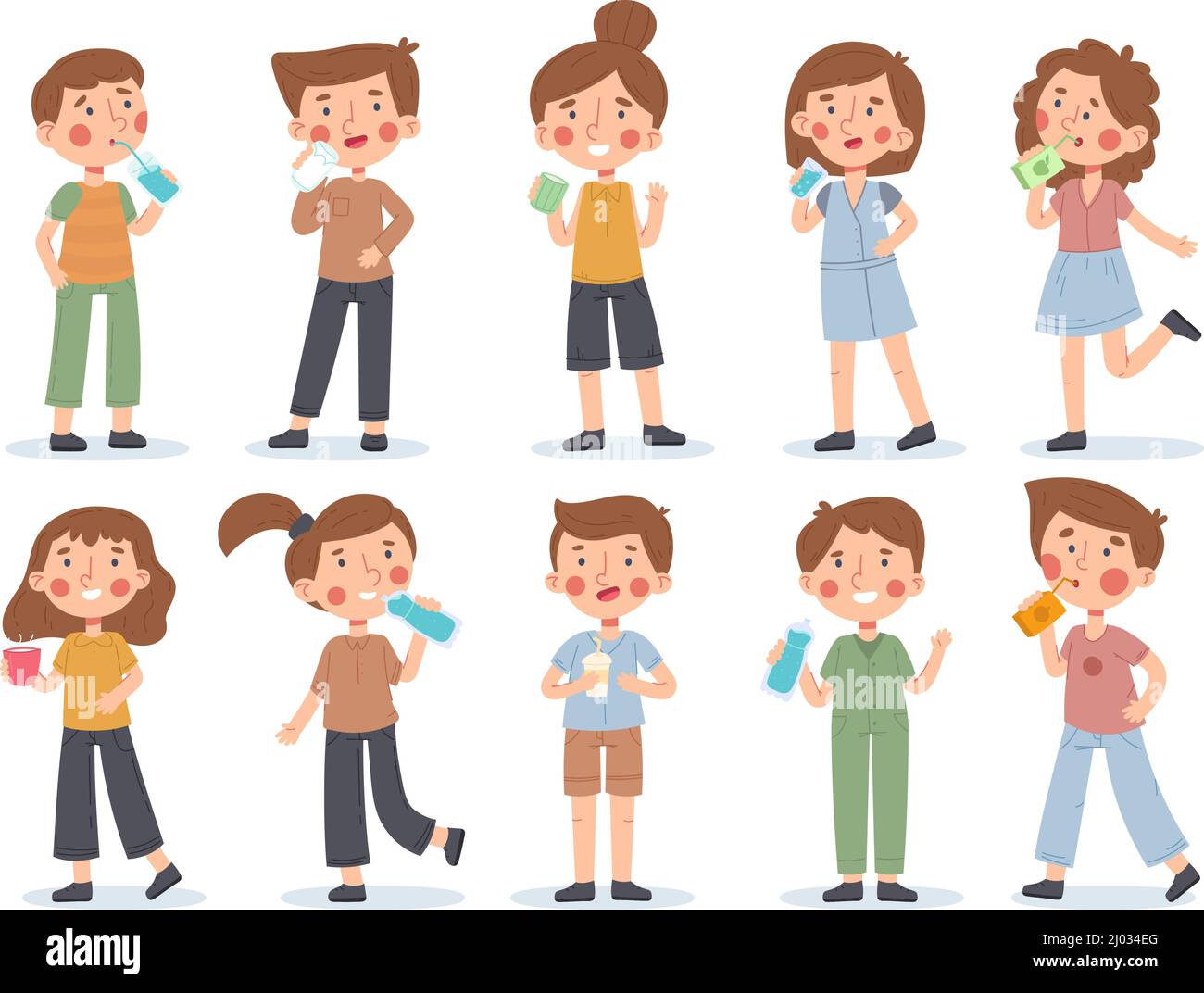 Children drink milk, water, juice or tea, kid with beverages. Thirsty ...