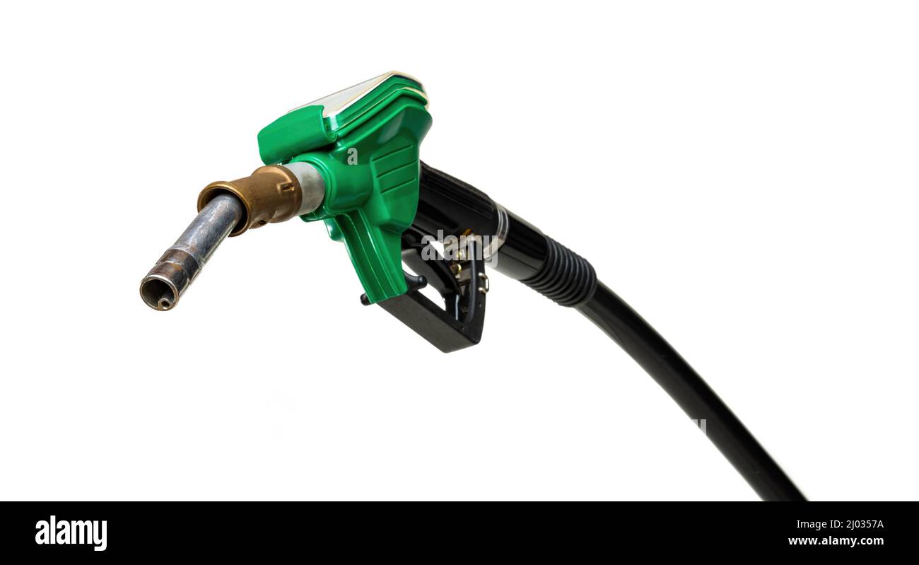 Gas nozzle. Green gasoline nozzle isolated on white background. Refill ...