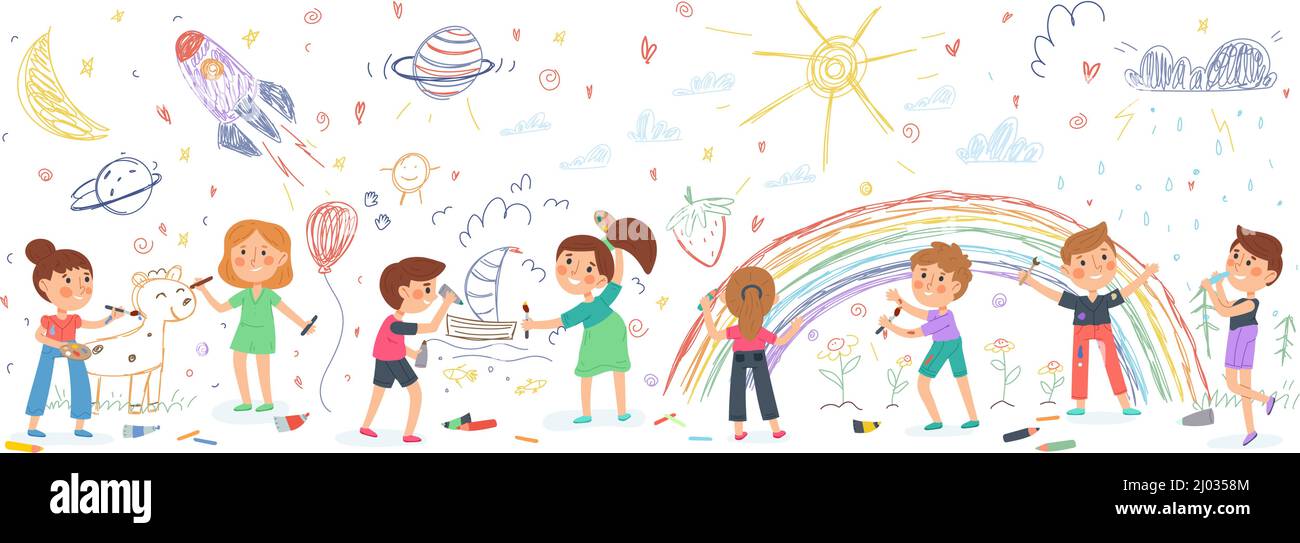 Children draw on wall, kids kindergarten art creative activity ...