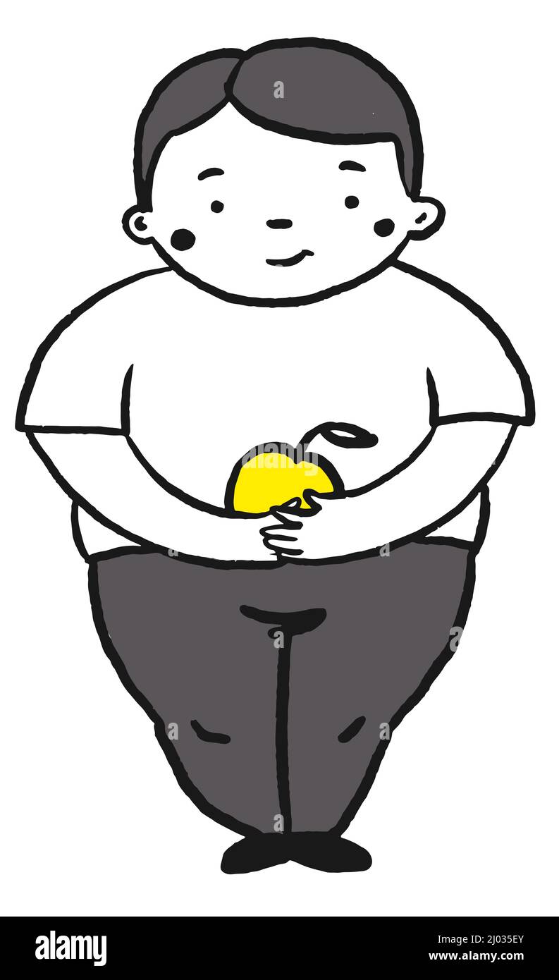 Fat boy thinking with apple in his hands healthy food hand drawn doodle ...