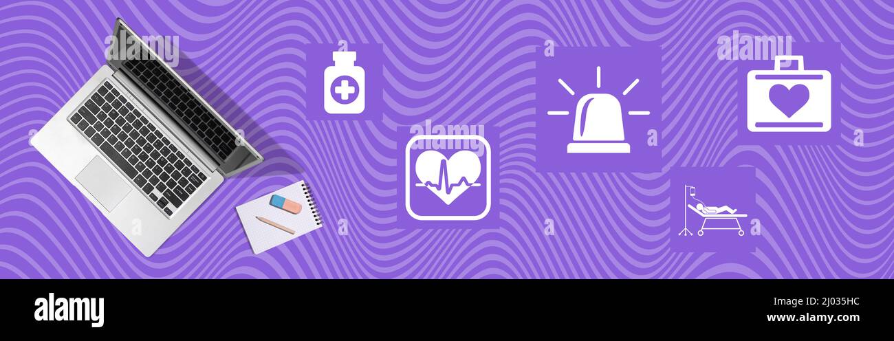 Top view of laptop with symbol of emergency concept Stock Photo - Alamy