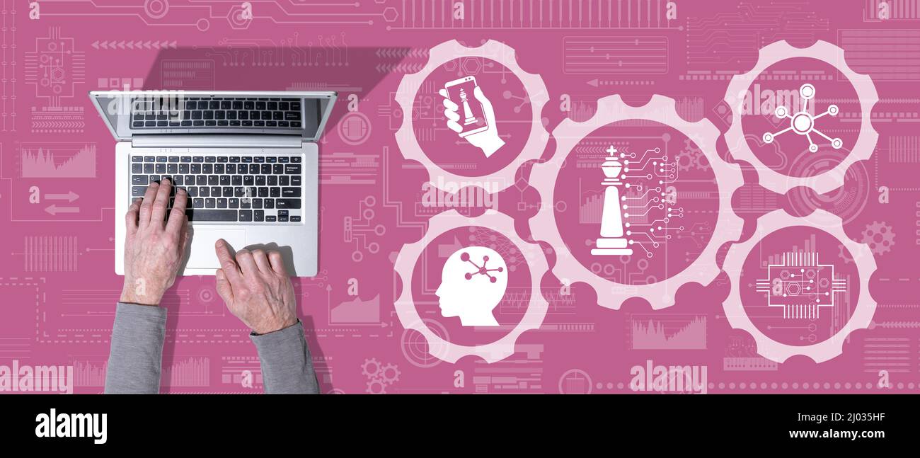 Top view of hands using laptop with symbol of digital strategy concept ...