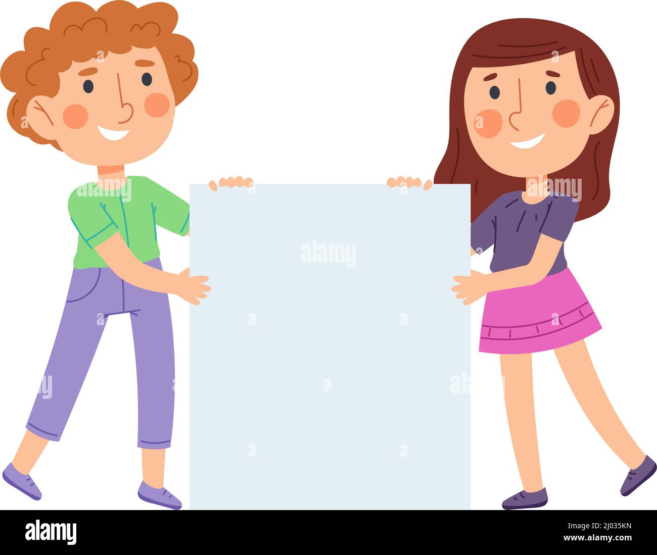 Cartoon kids holding blank banner, boy and girl with empty placard ...
