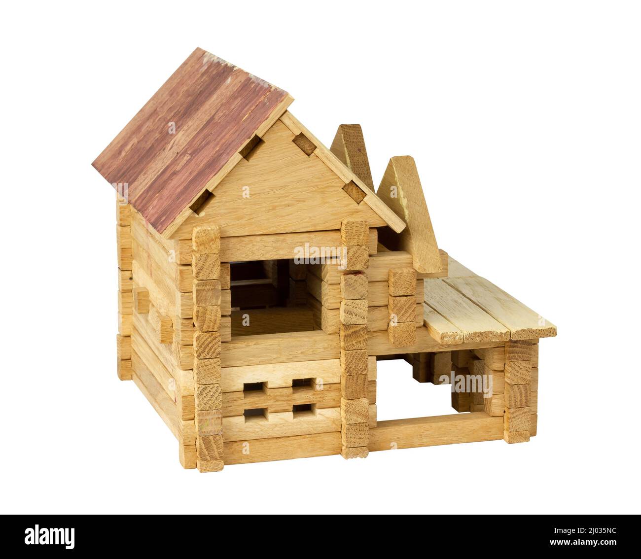 Model of a wooden house. Isolate on a white background Stock Photo - Alamy
