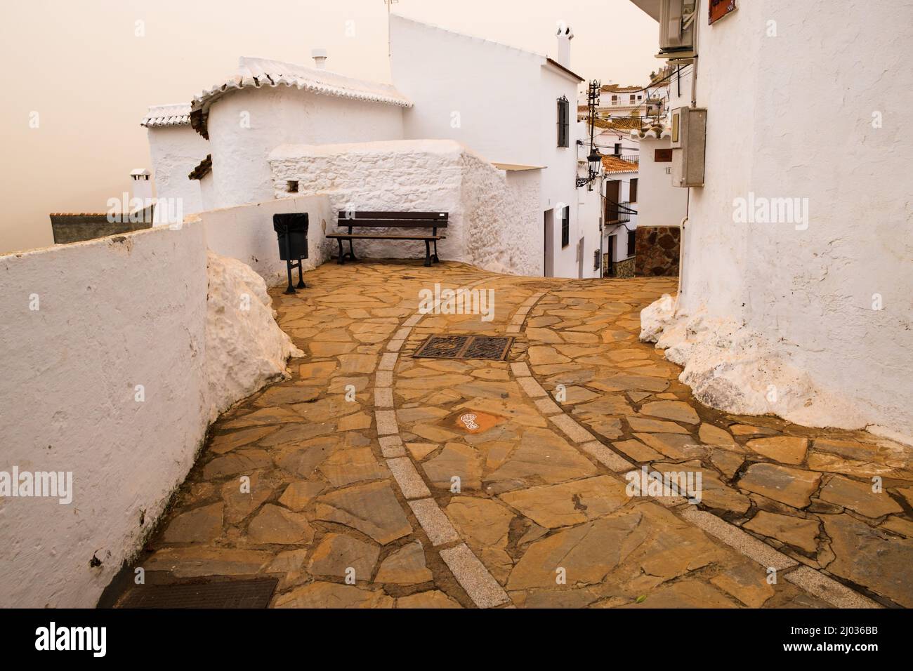 Saharan sand covering the mountain pueblo of Comares, Axarquia, Malaga ...