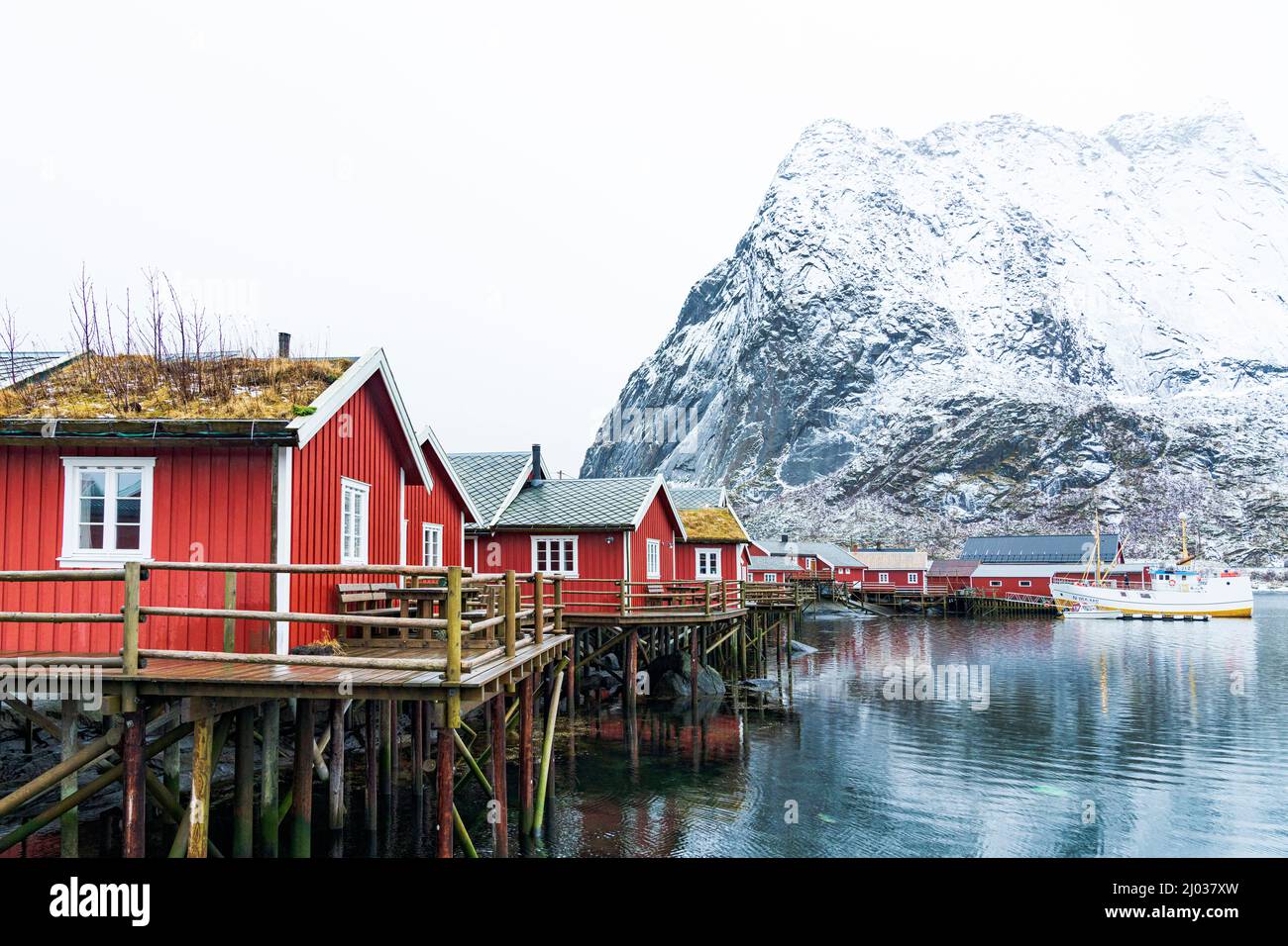 Traditional thatched roofed red cabins with majestic Reinebringen ...