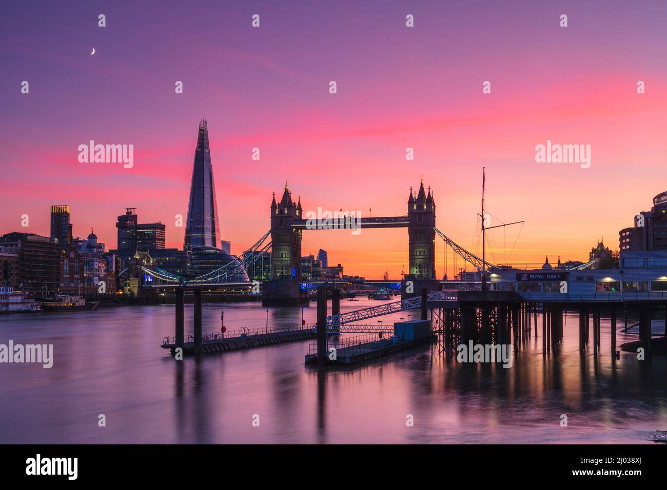 Tower Bridge, Butler's Wharf and The Shard at sunset taken from Wapping ...