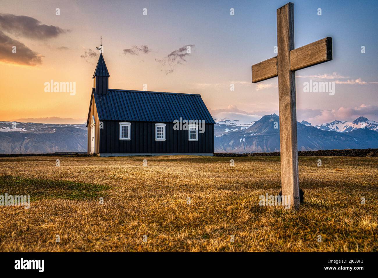 A black church known as Buoakirkja, in the Snaefellsnes peninsula at ...