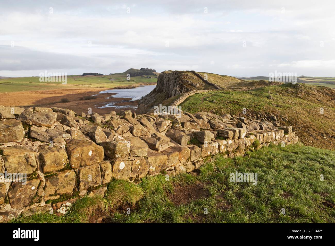 Hadrian's Wall, UNESCO World Heritage Site, runs across Walltown Crags ...