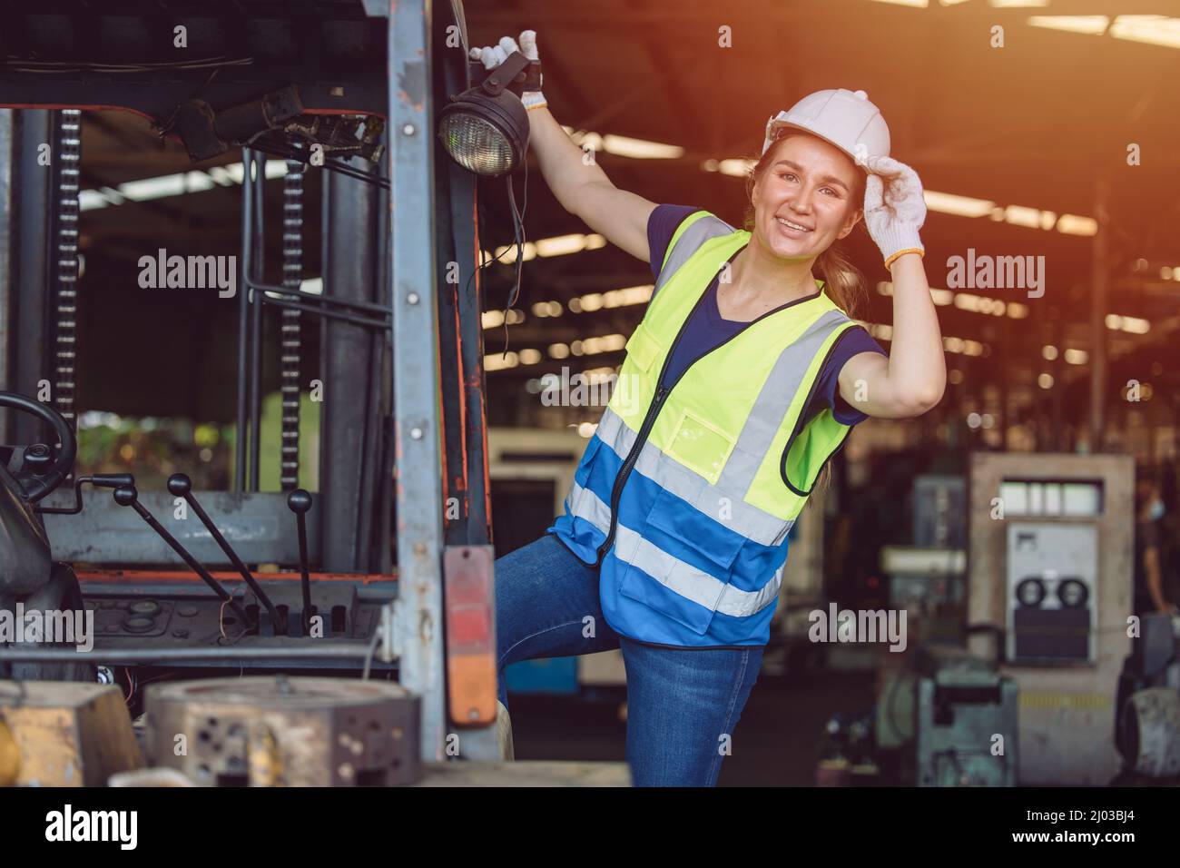 beautiful caucasian woman worker in heavy industry happy smile Stock ...