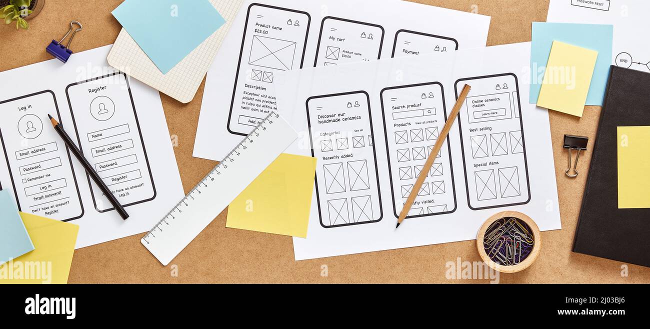 Responsive web design concept banner. Web UX designer busy desk with ...