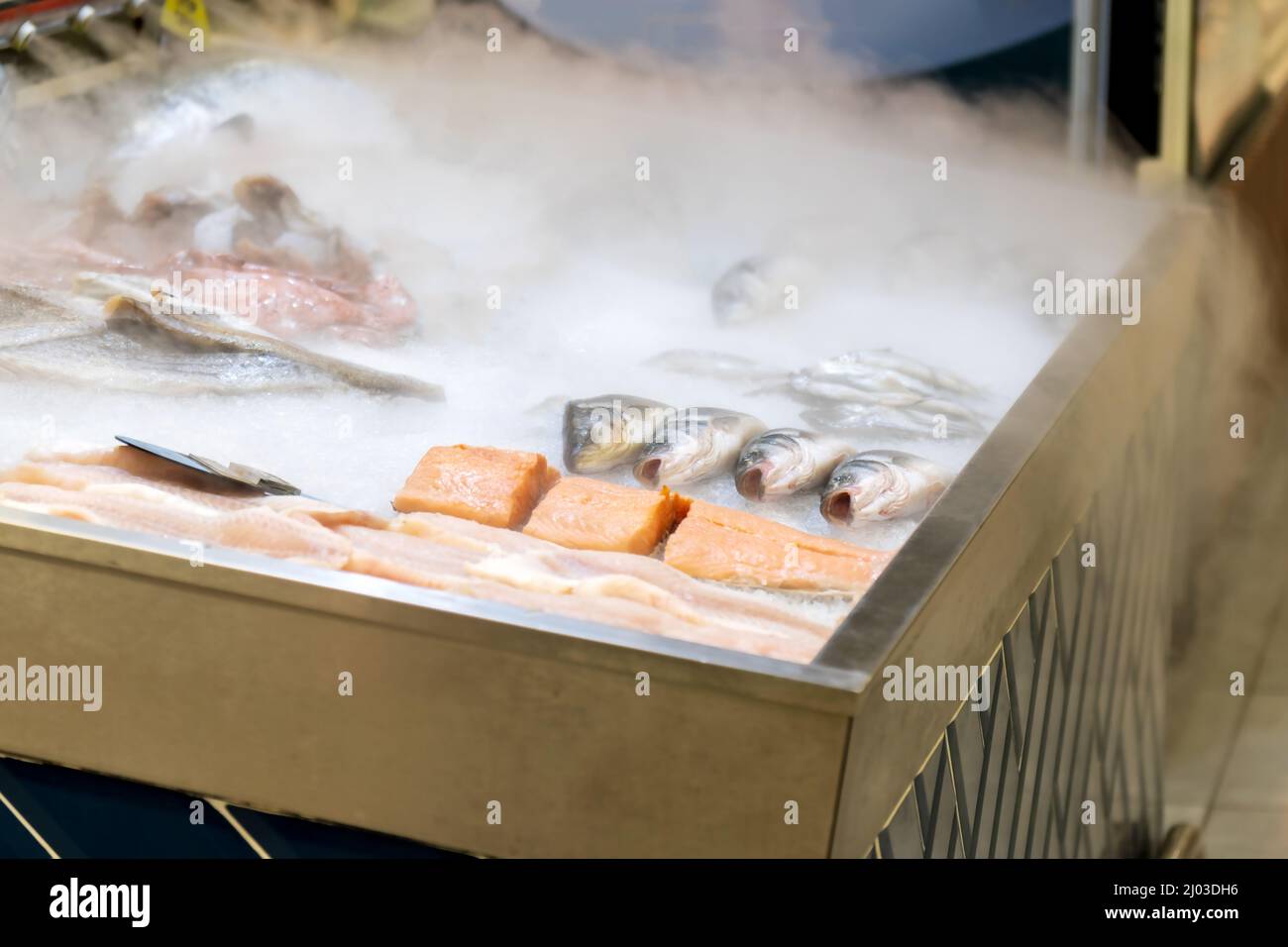 Fish are sold on display in a store. Delicious and healthy seafood ...