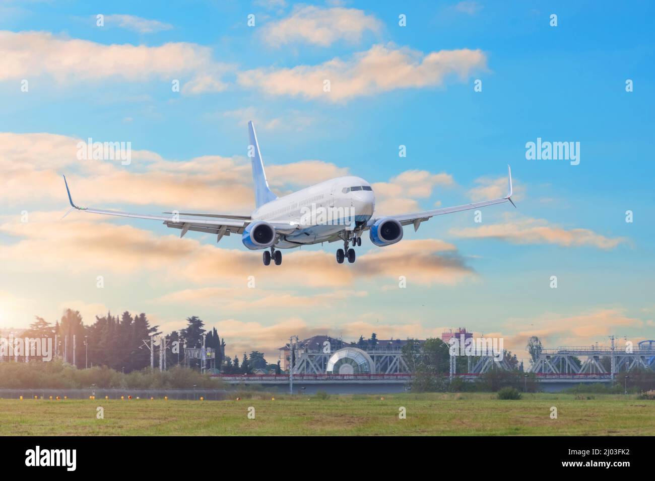 Passenger airplane landing to airport against the backdrop of a ...