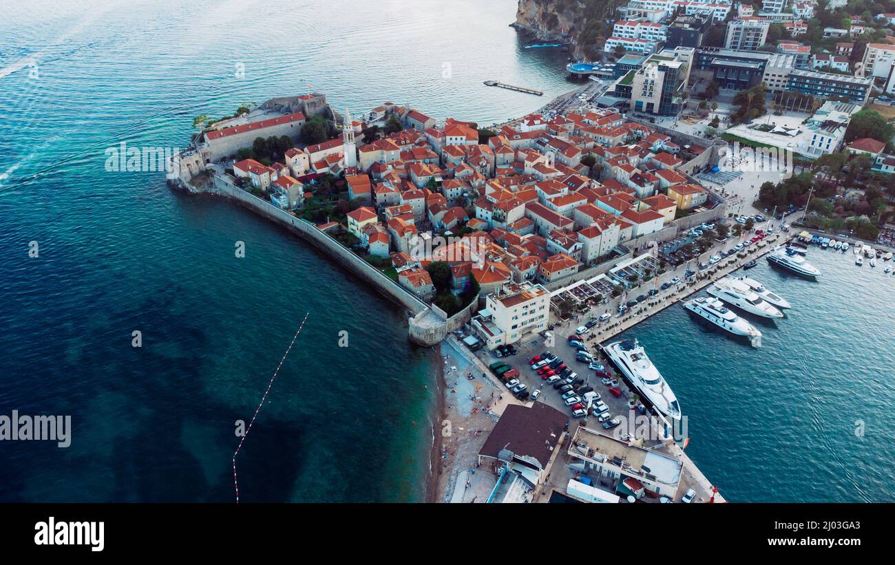 Old town in Budva on a beautiful summer day, Montenegro. Air image ...