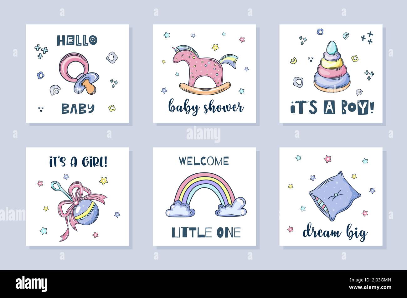 set of vector cards for baby shower party, hand lettering in ...