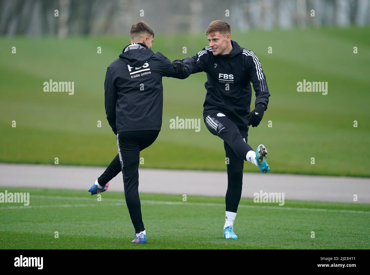 Leicester City's Luke Thomas (left) and Harvey Barnes during a training ...