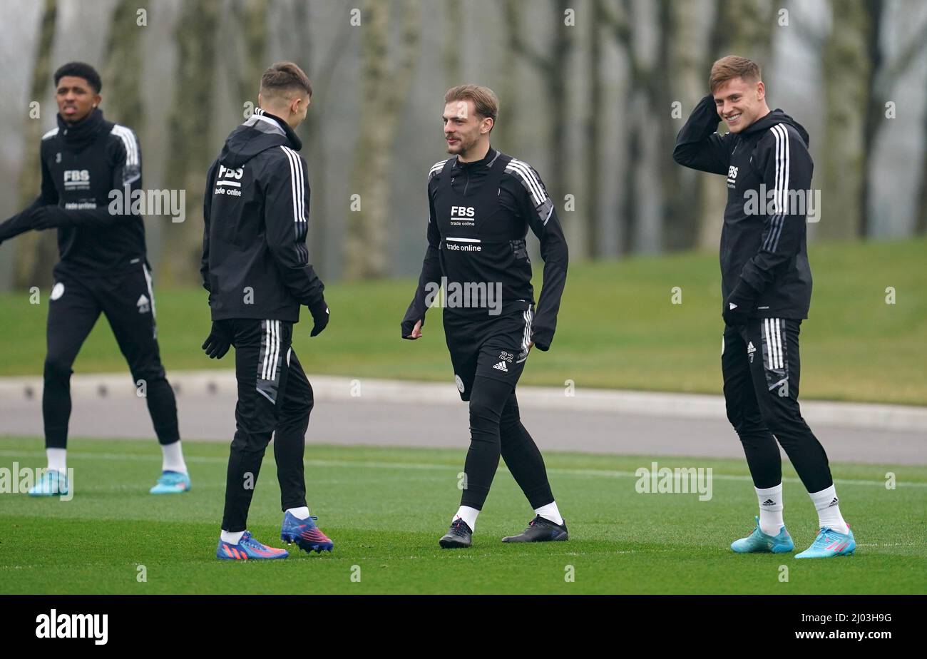 Leicester City's Luke Thomas (left), Kiernan Dewsbury-Hall (centre) and ...