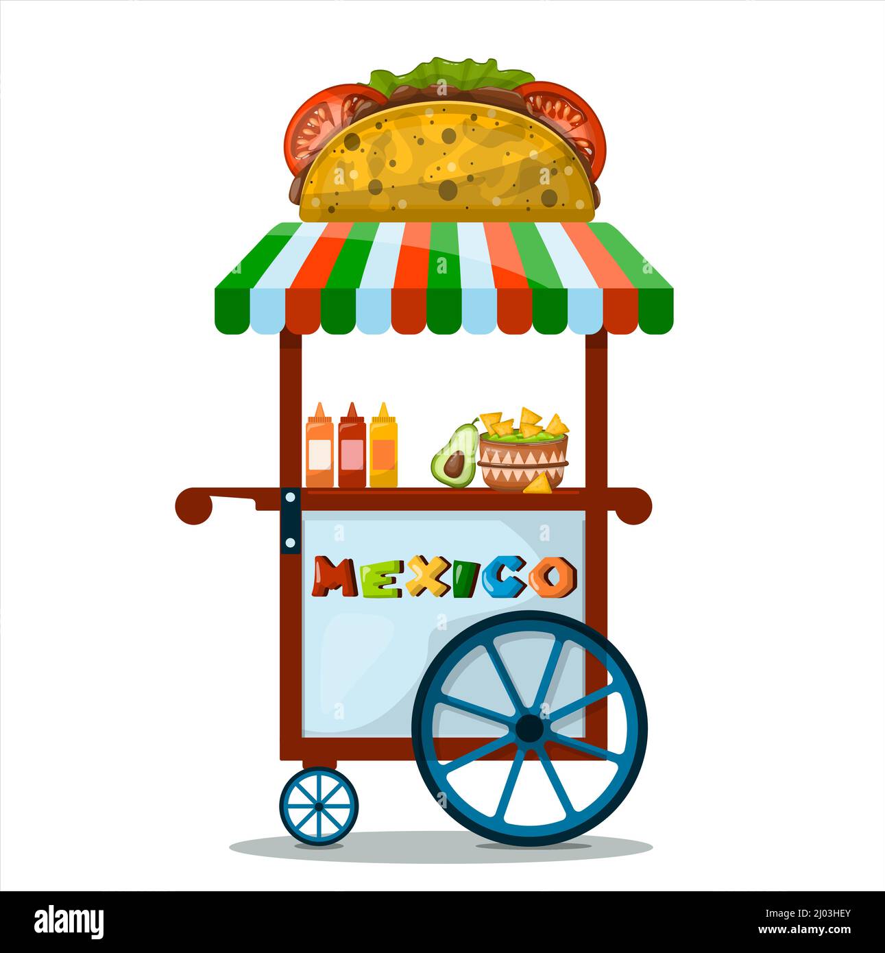 Vector street cart with Mexican food. Flat cartoon illustration of cart ...