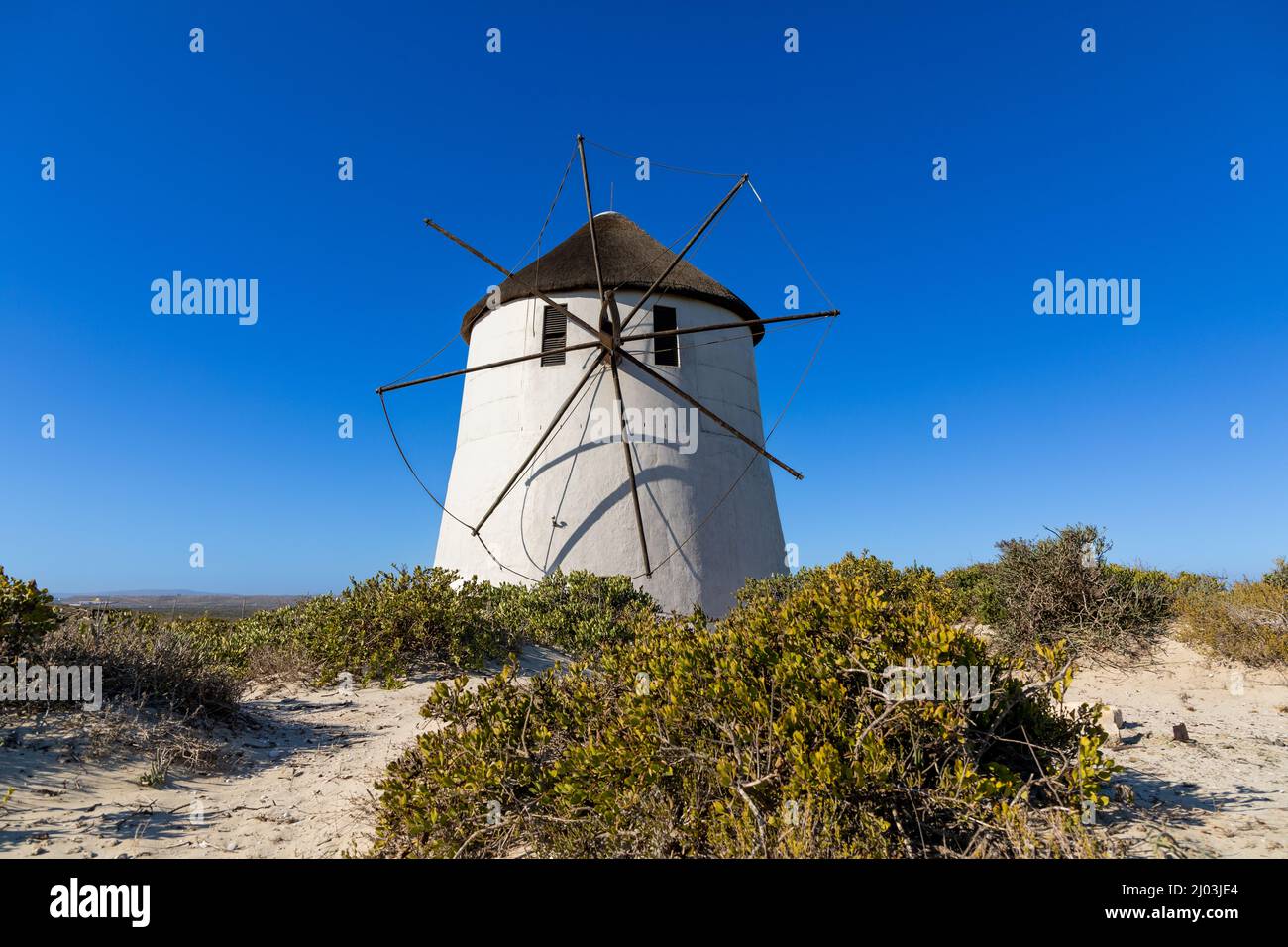 Greek style windmill at the Club Mykonos resort in Langebaan Stock ...