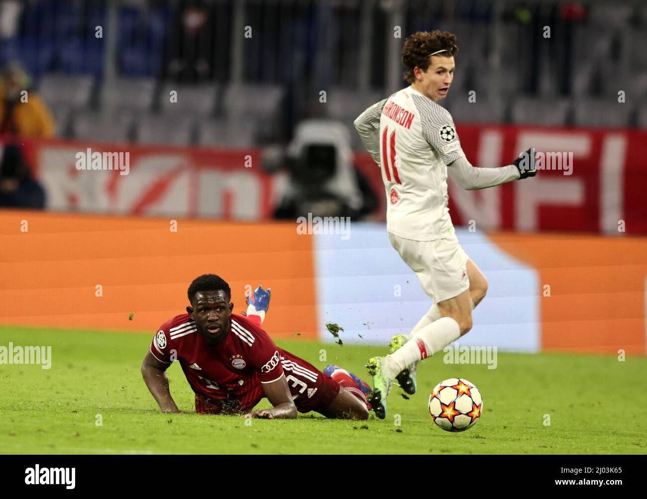 Tanguy Nianzou of FC Bayern Muenchen , Brenden Aaronson of of Red Bull ...