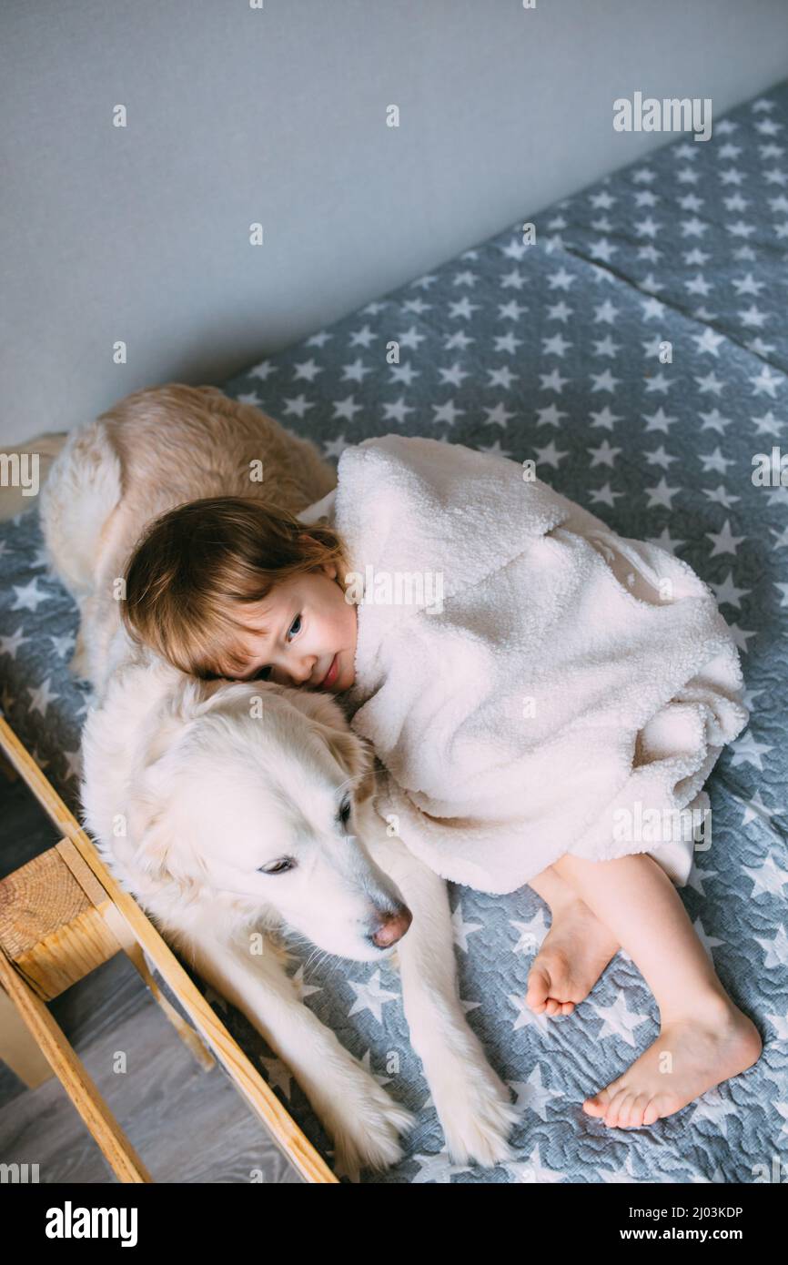 Cute baby and his labrador retriever at home on the bed Stock Photo - Alamy